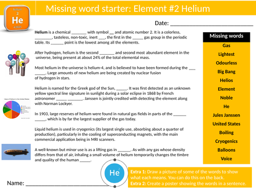 Helium Missing Words wordsearch Starter Activity Homework Cover ...
