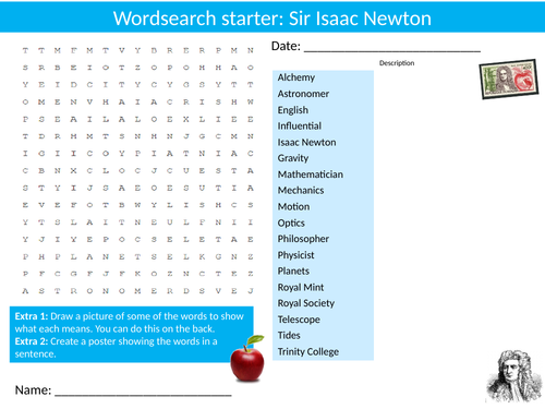 Isaac Newton Wordsearch Sheet Starter Activity Keywords Cover Physics ...