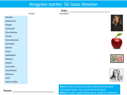 Isaac Newton Anagrams Sheet Starter Activity Keywords Cover Physics ...