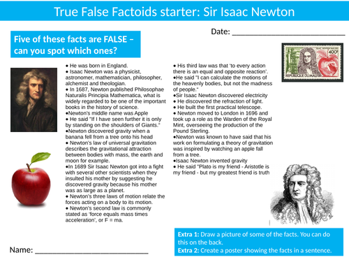 Isaac Newton True of False Worksheet Starter Activity Keywords Cover ...
