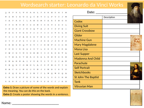 Leonardo da Vinci #2 Wordsearch Sheet Starter Activity Keywords Cover ...