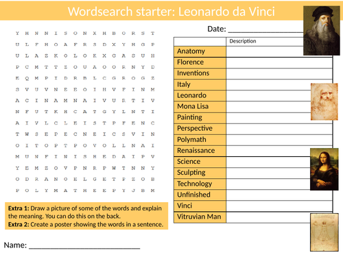 2 x Leonardo da Vinci Wordsearch Sheet Starter Activity Keywords Cover ...
