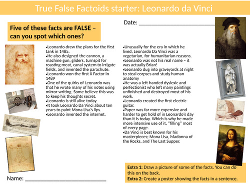 Leonardo da Vinci True or False Worksheet Starter Activity Keywords ...