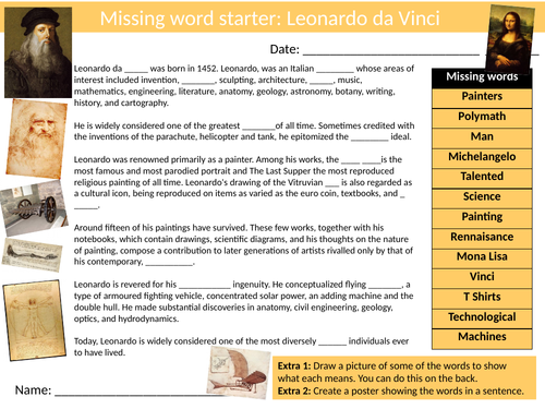 Leonardo da Vinci True or False Worksheet Starter Activity Keywords ...