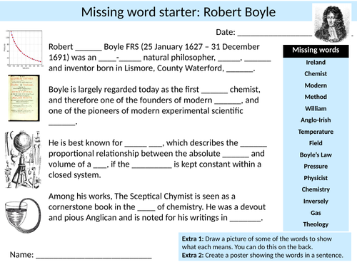 Robert Boyle Missing Words Sheet Starter Activity Keywords Cover Famous ...