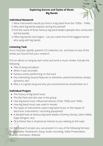 Listening and projects for Music Classes - Big Bands | Teaching Resources