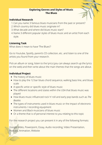 Listening and projects for Music Classes - The Blues | Teaching Resources