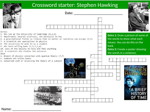 Stephen Hawking Crossword Sheet Starter Activity Keywords Cover Famous ...