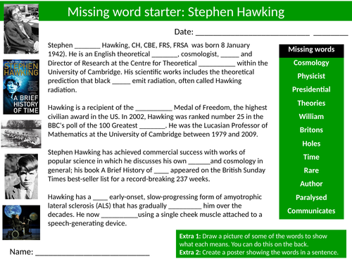 Stephen Hawking Missing Words Worksheet Starter Activity Keywords Cover ...