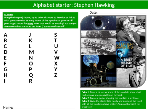 Stephen Hawking Alphabet Analyser Worksheet Starter Activity Keywords ...