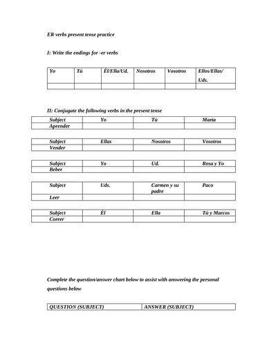 Er verbs practice present tense | Teaching Resources