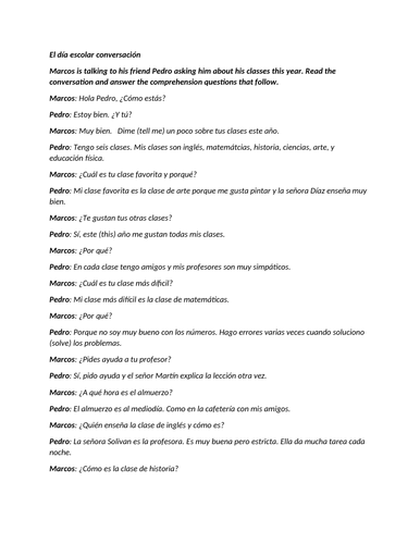 El dia escolar conversation reading | Teaching Resources