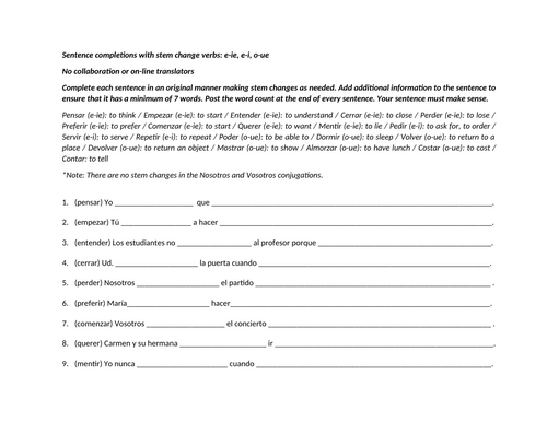 Stem change verb sentence completions | Teaching Resources