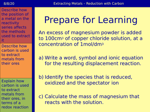 Extracting Metals - Reduction with Carbon (Print Free Lesson ...