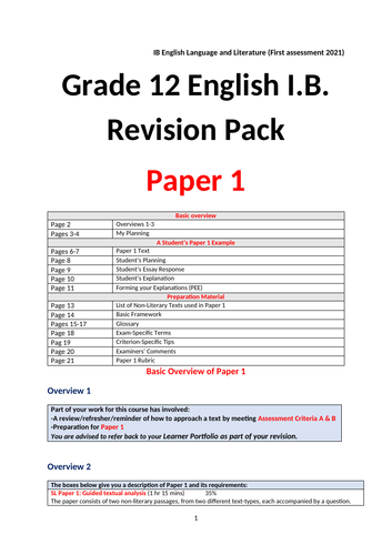Paper 1 Revision Pack for IB Lang Lit (First assessment 2021 ...