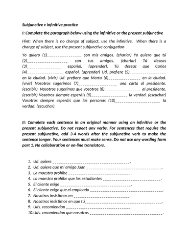 Subjunctive v infinitive paragraph | Teaching Resources