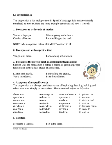 Spanish Preposition A: Handout, Reading + Worksheet (La preposición a ...