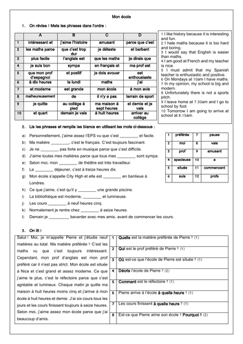 French mon école reading worksheet (subjects, teachers, school routine ...