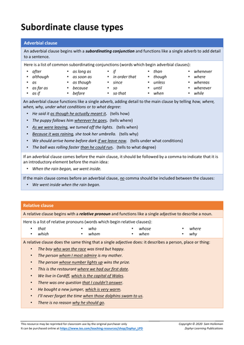 Grammar knowledge organiser - subordinate clauses (adverbial, relative ...