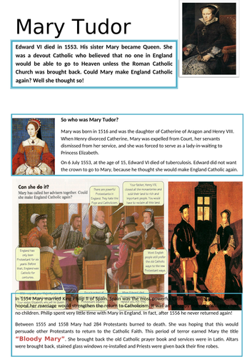 Mary Tudor Worksheet - 1 Lesson Queen Mary 1 with tasks KS3 | Teaching ...