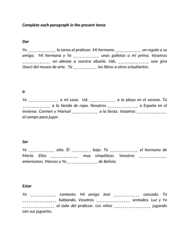 Paragraph dar ir ser estar present tense | Teaching Resources