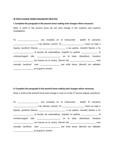 Ir stem change present preterit paragraph | Teaching Resources