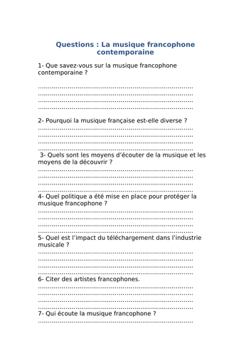 Questions la musique A level French AQA | Teaching Resources