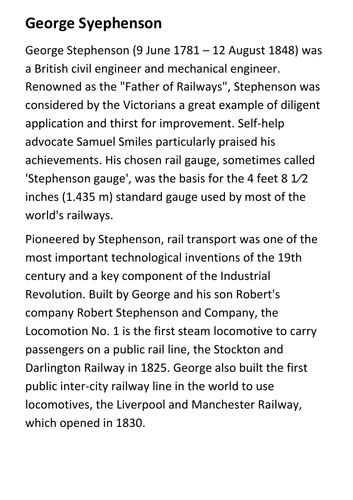 George Stephenson Handout | Teaching Resources