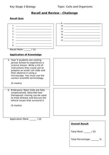 Recall and Review - Cells and Organisms | Teaching Resources