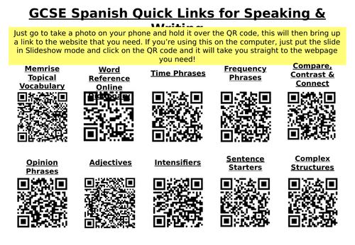 Spanish High Level Speaking and Writing Phrases QR Codes | Teaching ...
