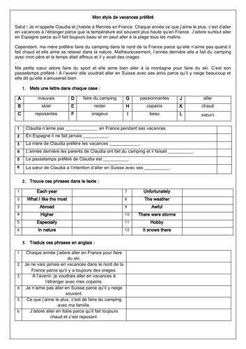 French Holidays & Weather Reading - les vacances / le temps | Teaching ...