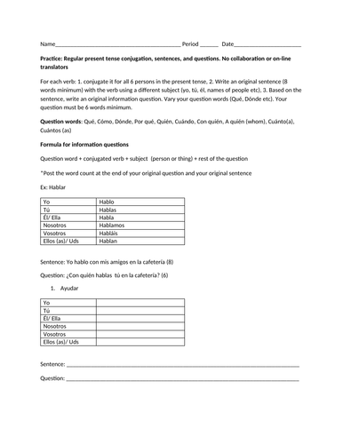 Present tense conjugation, sentences, and questions | Teaching Resources