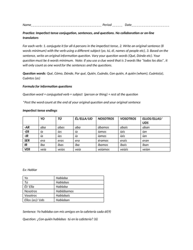 Imperfect tense conjugation, sentences, and questions | Teaching Resources
