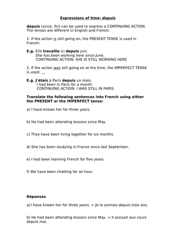 A Level French grammar: depuis (for) | Teaching Resources