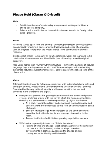 Please Hold (Ciaran O’Driscoll): Poem Analysis | Teaching Resources