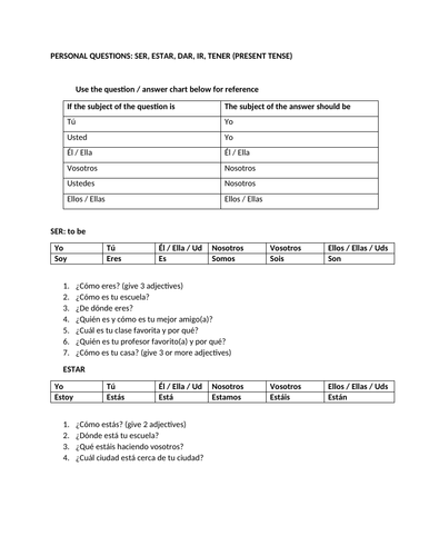Personal questions ser estar dar ir tener | Teaching Resources