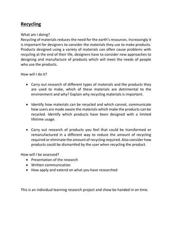 Recycling research project | Teaching Resources