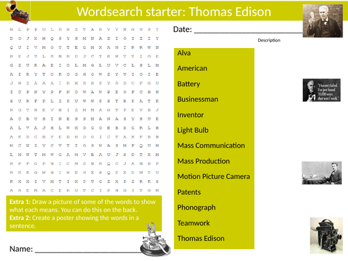 Thomas Edison Wordsearch Sheet Starter Activity Keywords Cover Famous ...
