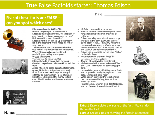 Thomas Edison True or False Sheet Starter Activity Keywords Cover ...