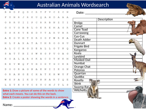 Australian Animals Wordsearch Sheet Starter Activity Keywords Cover ...