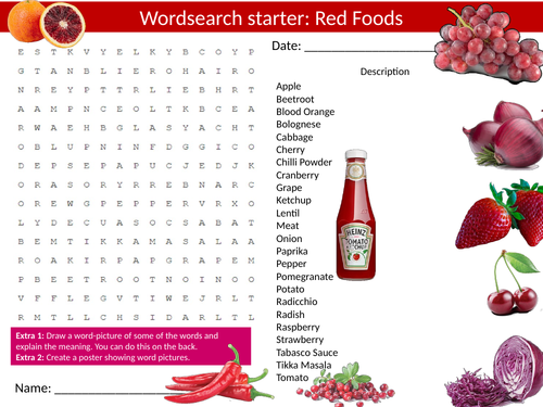 Red Foods Wordsearch Sheet Starter Activity Keywords Cover Food ...