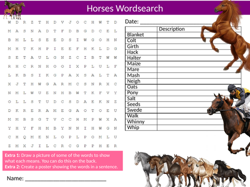 Horses #5 Wordsearch Sheet Starter Activity Keywords Animals ...