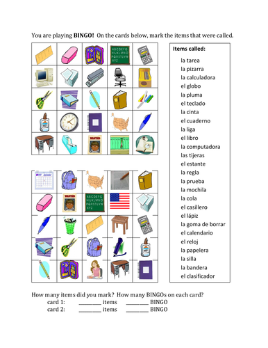 Utiles escolares (School Supplies in Spanish) Bingo Worksheet ...