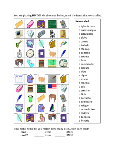 Material escolar (School Supplies in Portuguese) Bingo Worksheet ...