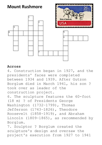 Mount Rushmore Crossword | Teaching Resources