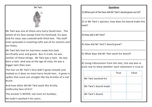 Roald Dahl Week Guided Reading Activities with SAT style questions ...