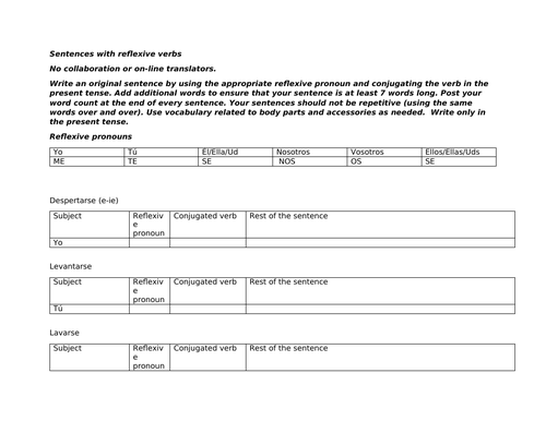 Sentences using reflexive verbs | Teaching Resources