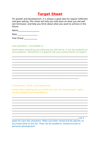 Student Personal Target Sheet | Teaching Resources Student Personal Target Sheet | Teaching Resources