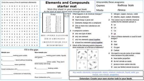 Elements and Compounds starter mat (Atoms) For entire topic | Teaching ...