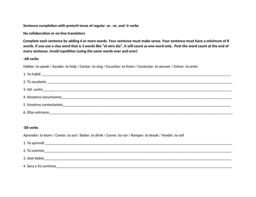 Regular preterit sentence completions | Teaching Resources